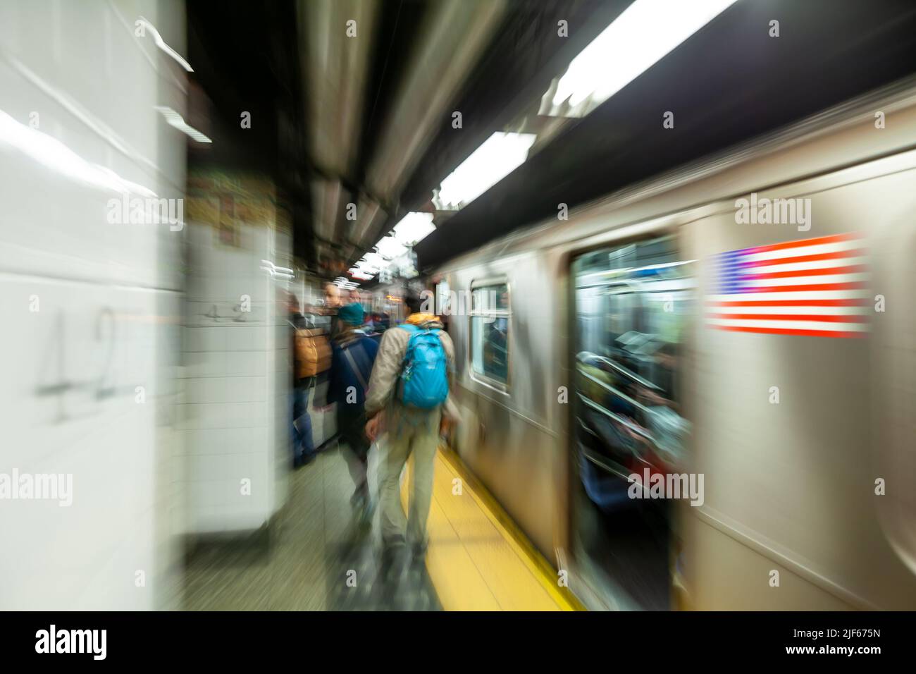 New York City subway train system in Manhattan in USA (slow shutter ...