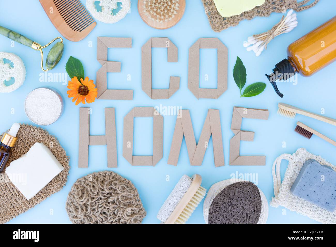 Natural bath accessories and self-care products for body care over blue ...