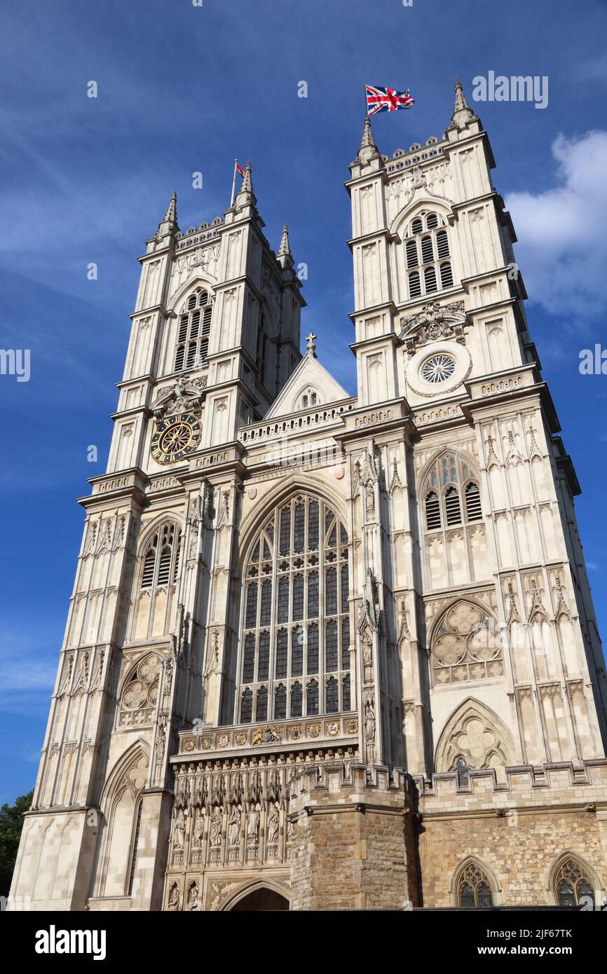 Westminster Abbey facade, landmark in London UK. Gothic abbey church in ...
