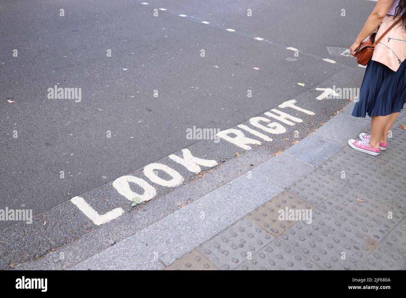 London UK pedestrian sign - look right at a pedestrian crossing ...