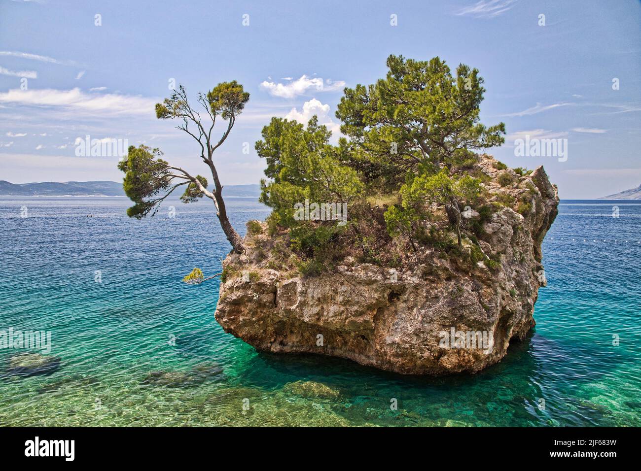 Brela, Croatia. Natural landmark rock island with sturdy pine trees ...