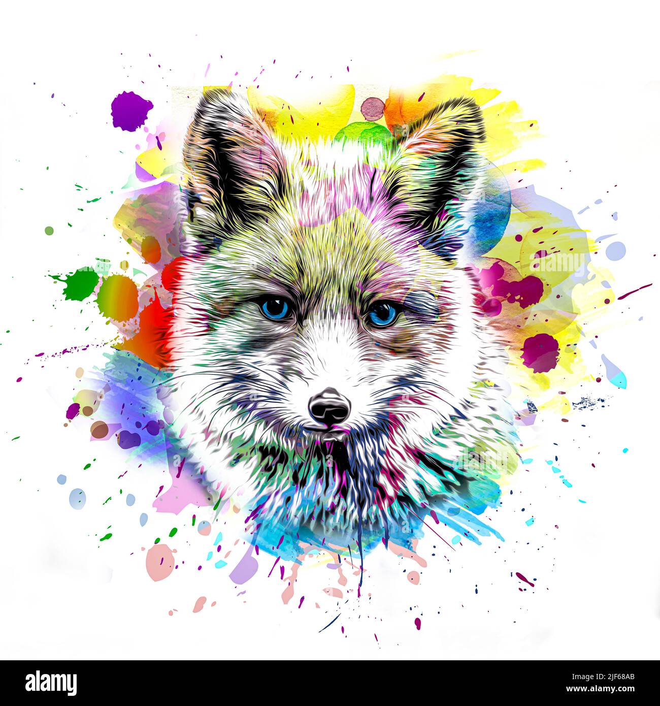 colorful artistic fox muzzle with bright paint splatters on dark ...