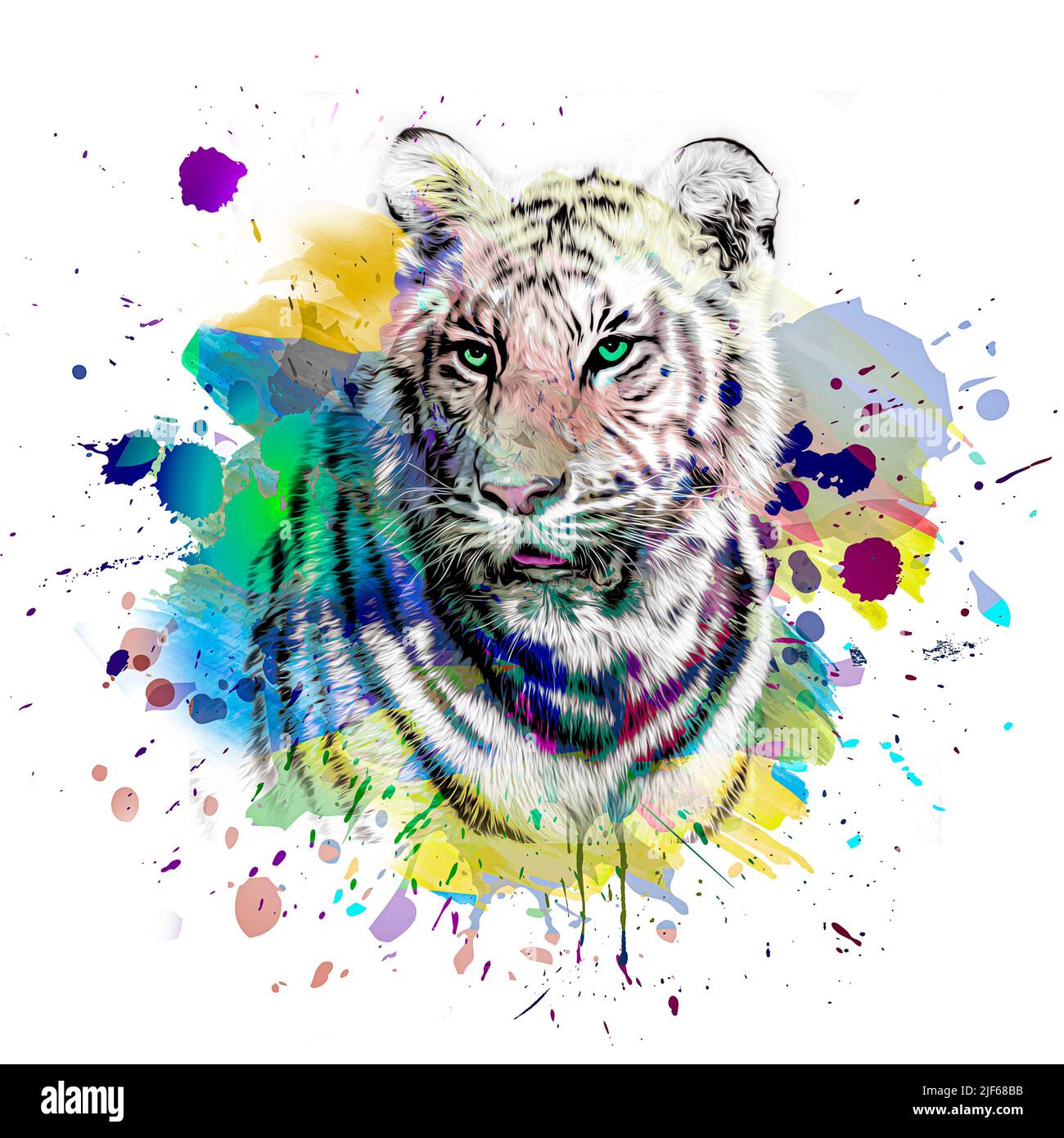 Bright abstract colorful background with tiger, paint splashes color ...