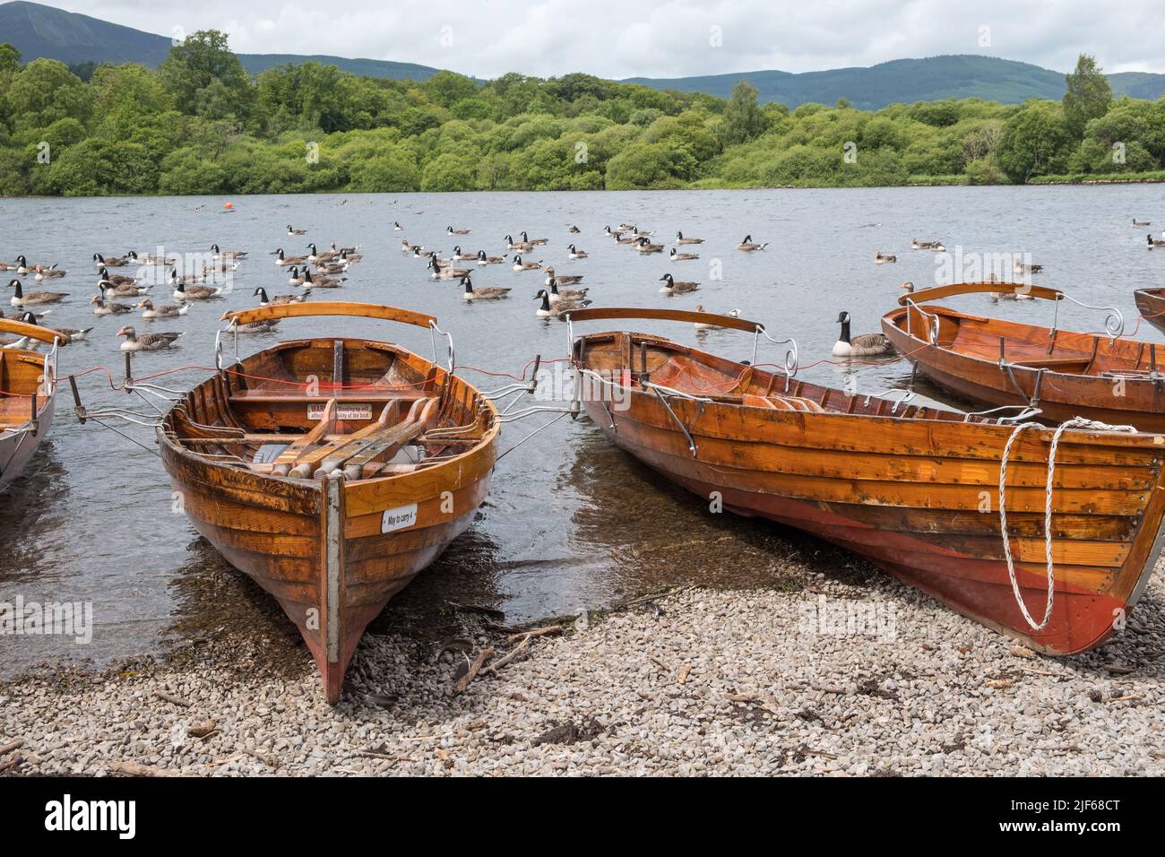 Wooden rowing boats for hire line the shore of Derwent Water at Keswick ...
