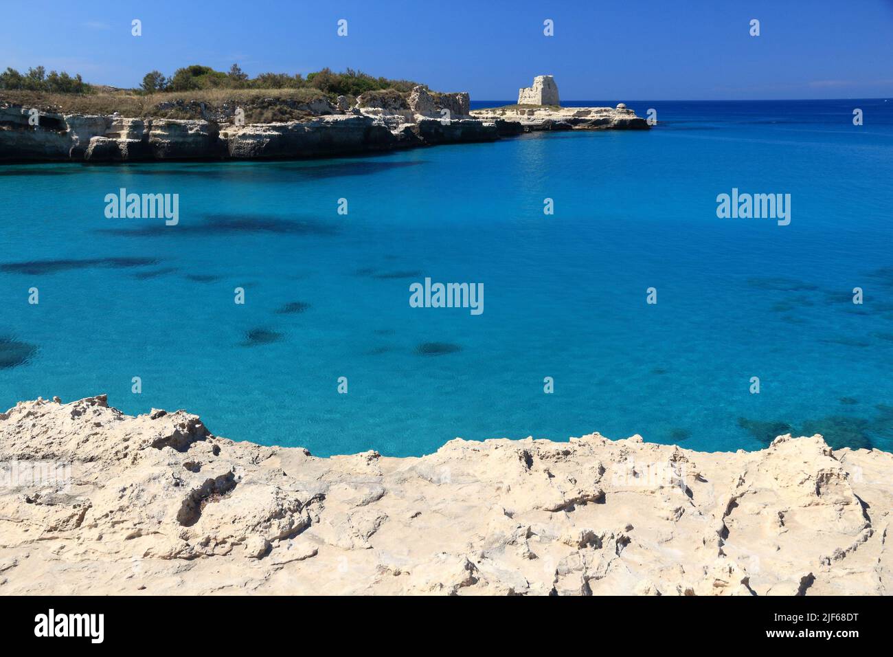 Salento Italy coast landscape. Roca Vecchia in Apulia region Stock ...