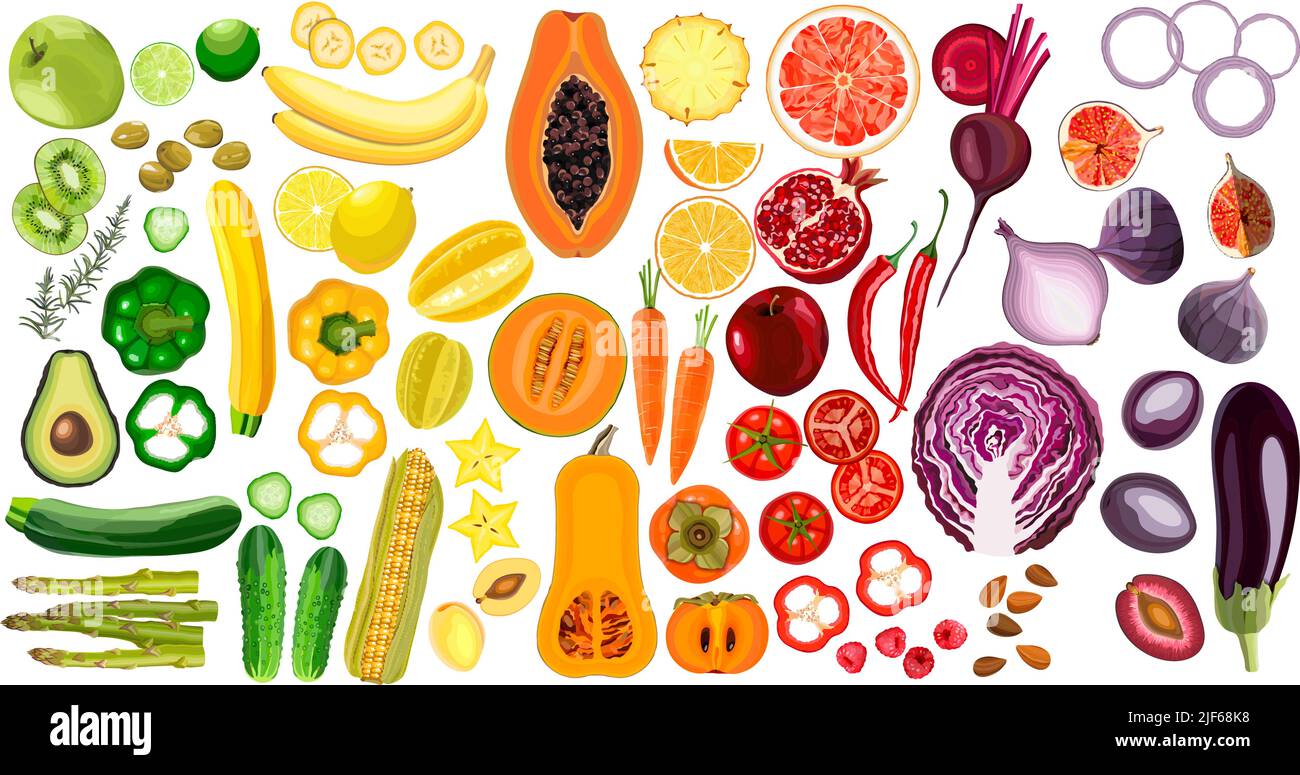 Big set of realistic vector illustration of fruits and vegetables Stock ...