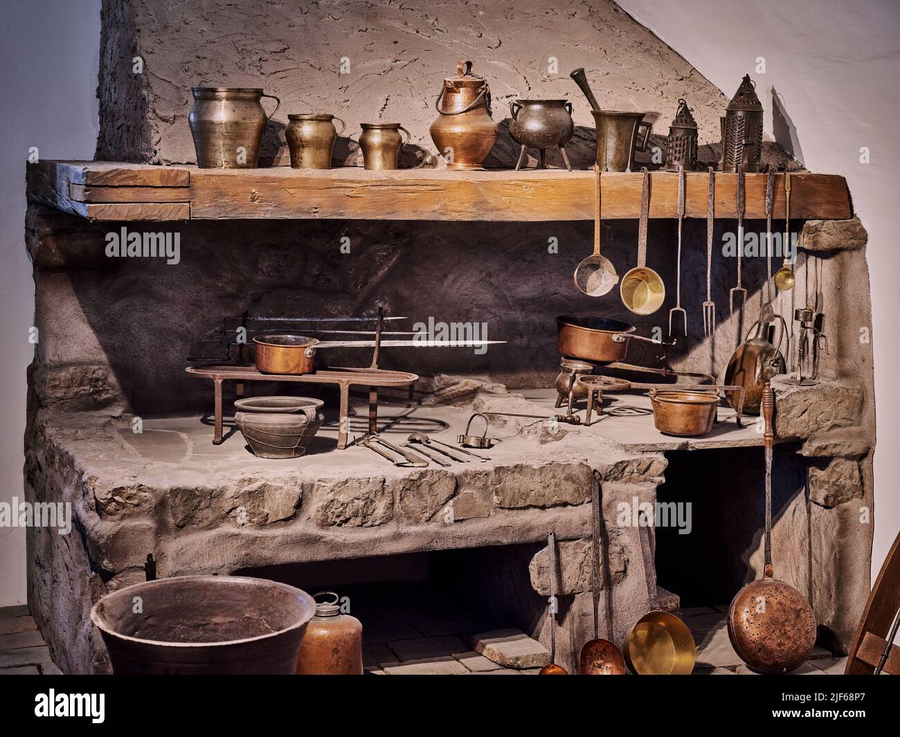 Kitchen oven with dishes in the Hohensalzburg Fortress, Salzburg ...