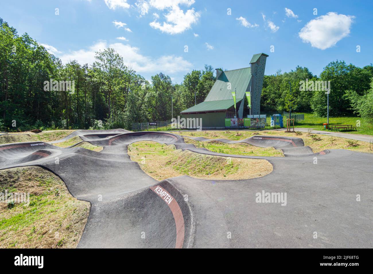 Pump Track for bicycles and climbing tower in Engelhalde Park, Kempten ...