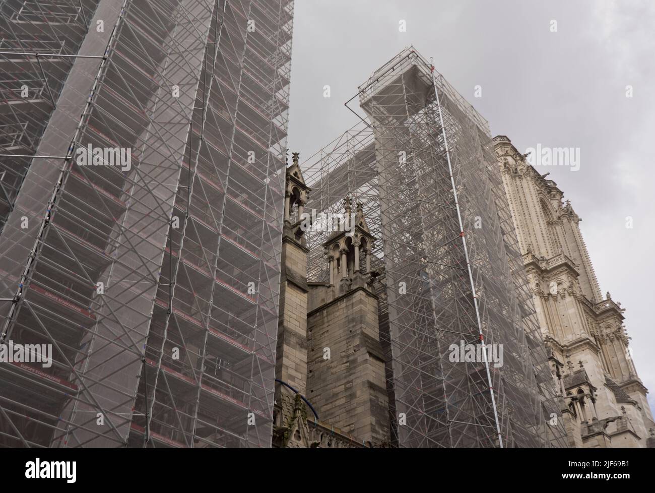 View of the restoration of Notre Dame cathedral, partially destroyed by ...