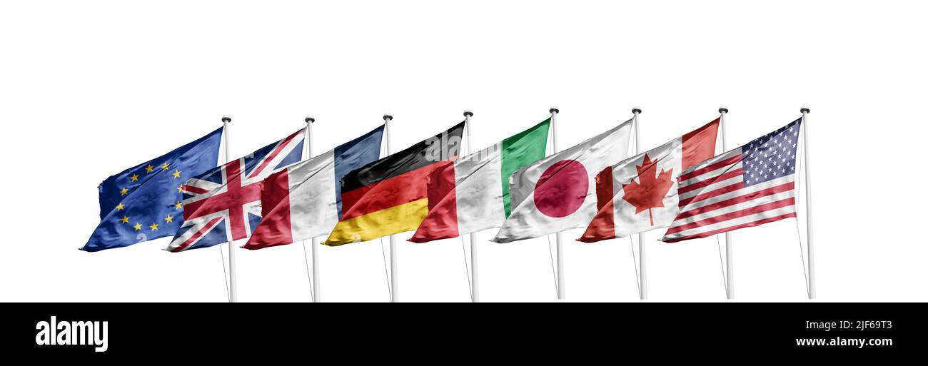 G7 summit. flags of members of G7 group of seven and list of countries ...