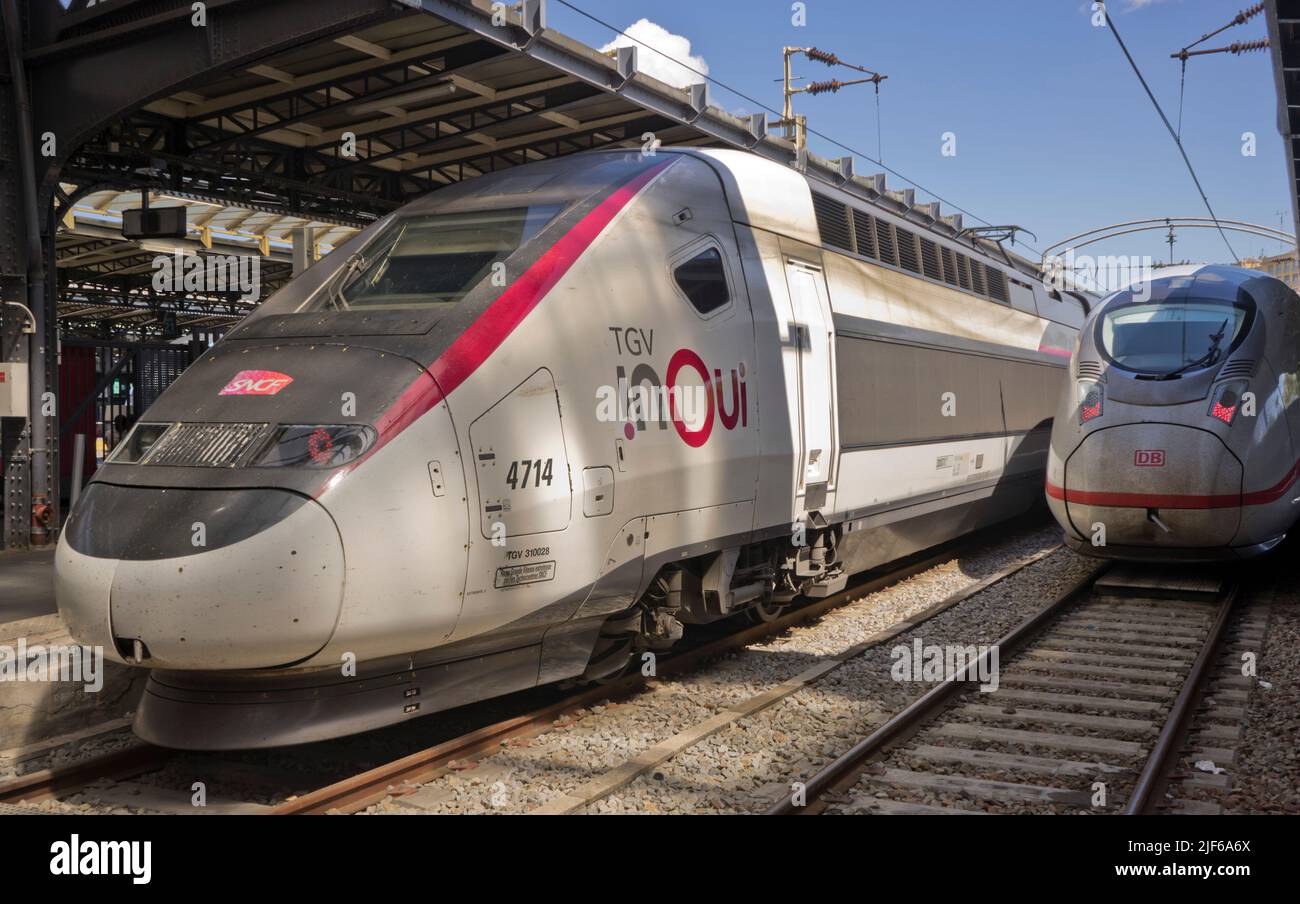 Fast speed trains at the Gare de l'Est train station in Paris,France ...