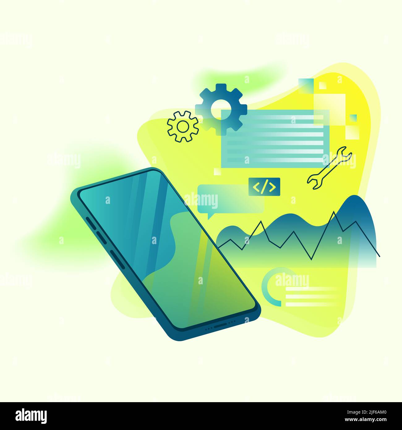 Application Abstract Illustration. Smartphone, charts and gears. Vector ...
