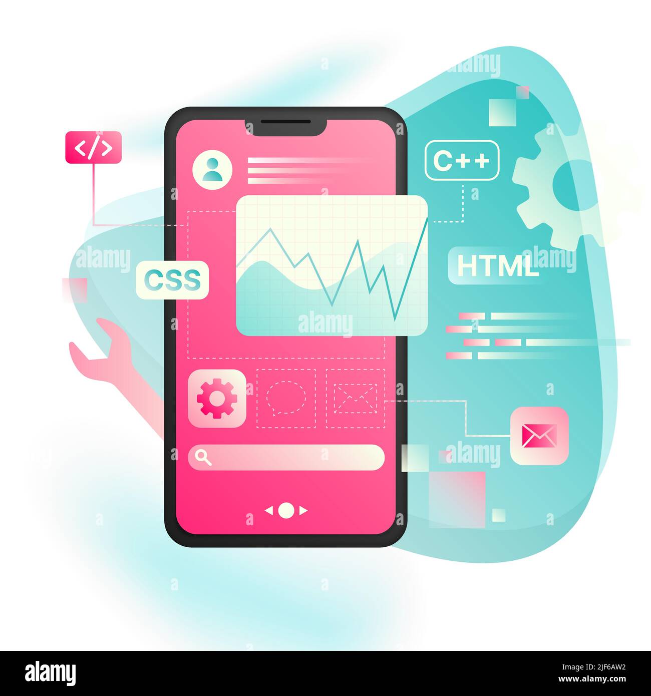 Pink Detailed Smartphone Illustration. Detailed Coding Elements. Vector ...