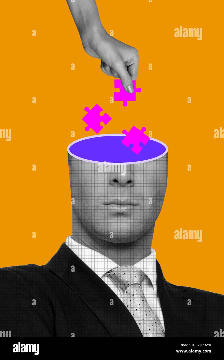 Vertical composite collage image of arm hold put puzzle pieces open ...