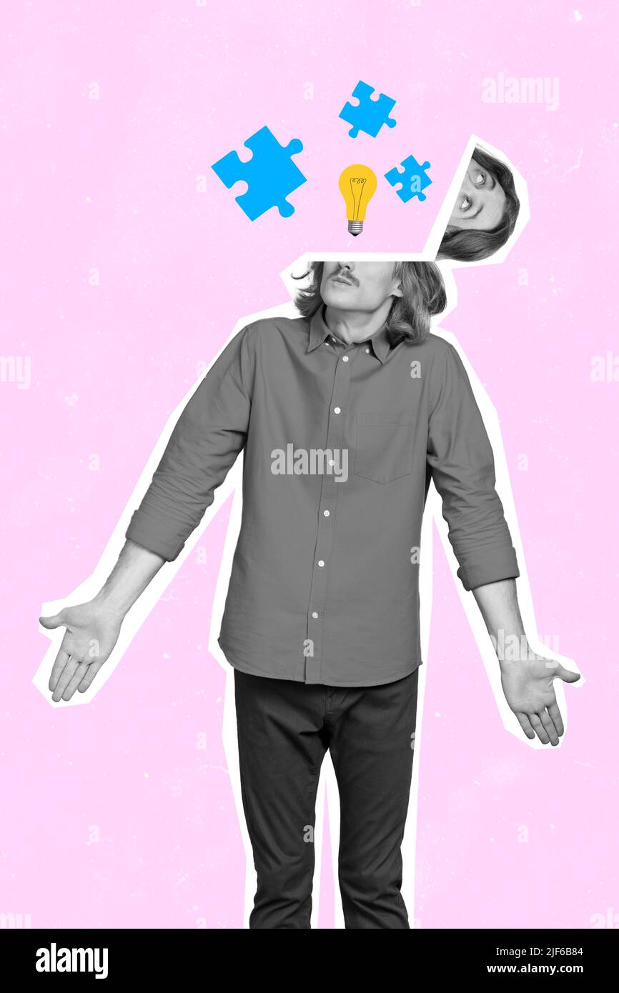 Vertical collage illustration of guy black white effect shrug shoulders ...
