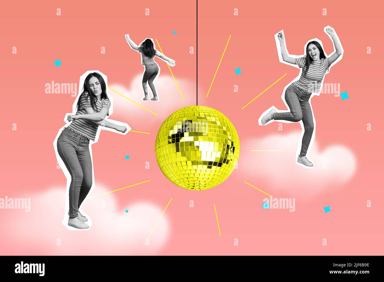 Collage picture of three girls black white effect enjoy dancing ...