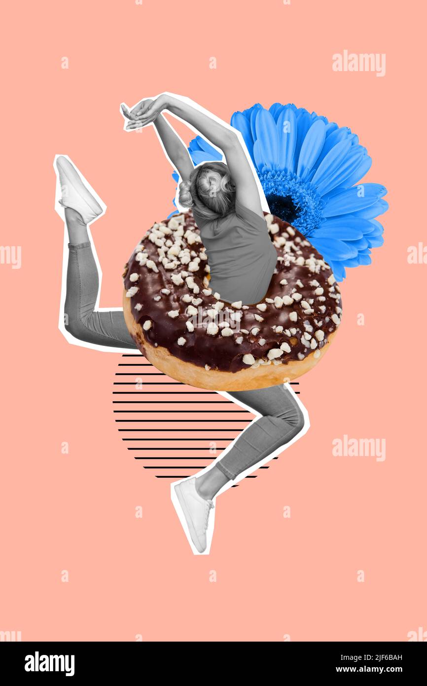 Artwork magazine picture of sporty lady jumping inside donut big blue ...