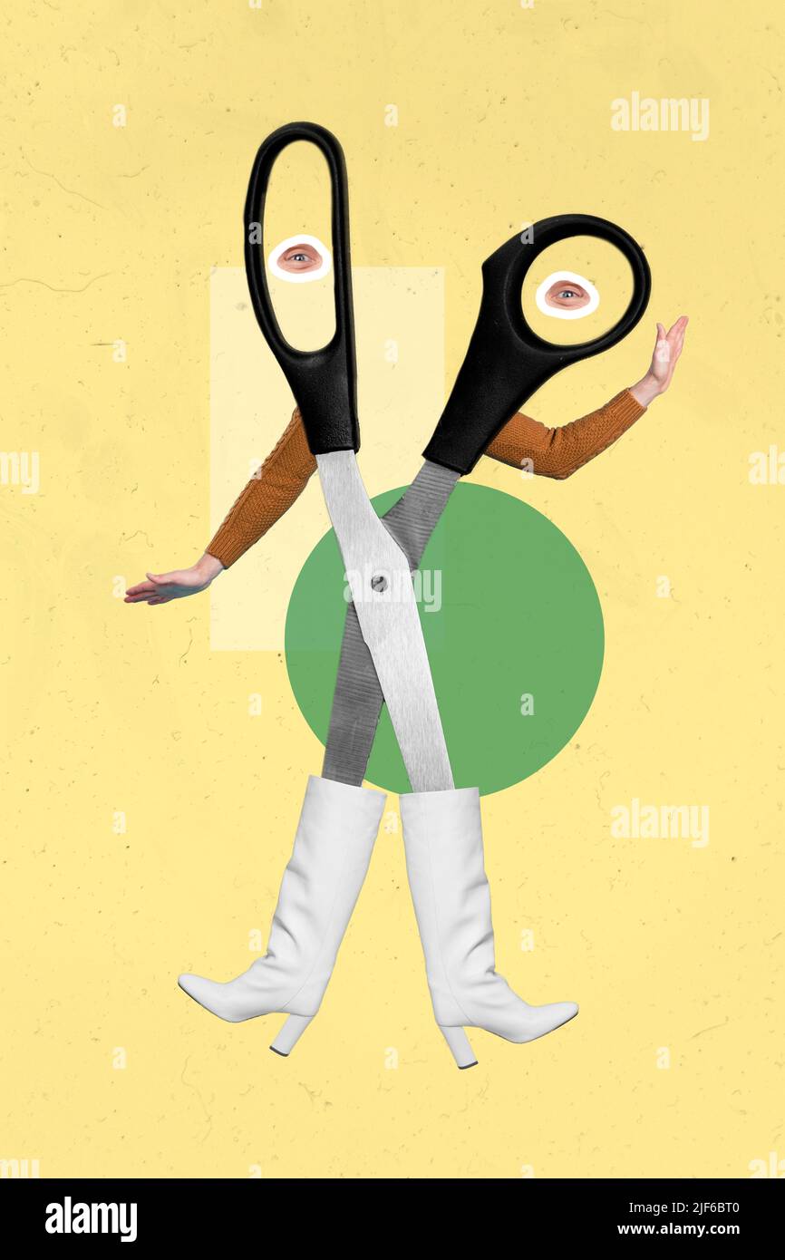 Vertical collage illustration of scissors man wear boots arms eyes look ...