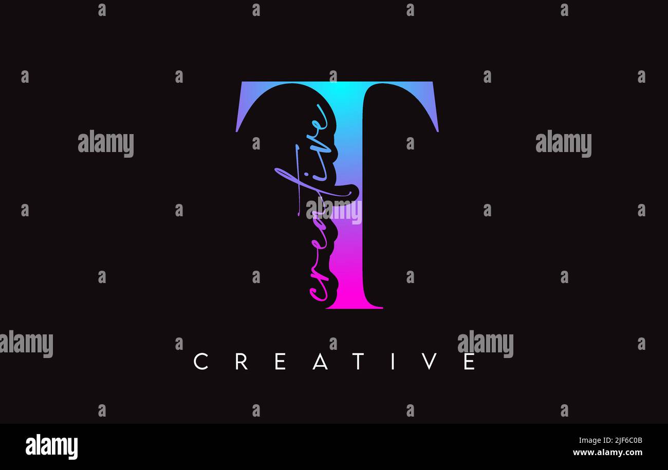T Letter Design with Creative Cut and Serif Font in Purple Blue Colors ...