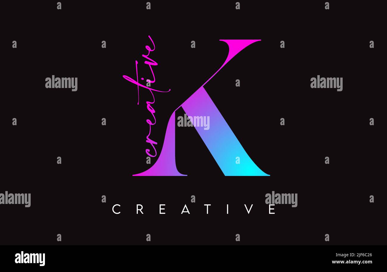 K Letter Design with Creative Cut and Serif Font in Purple Blue Colors ...