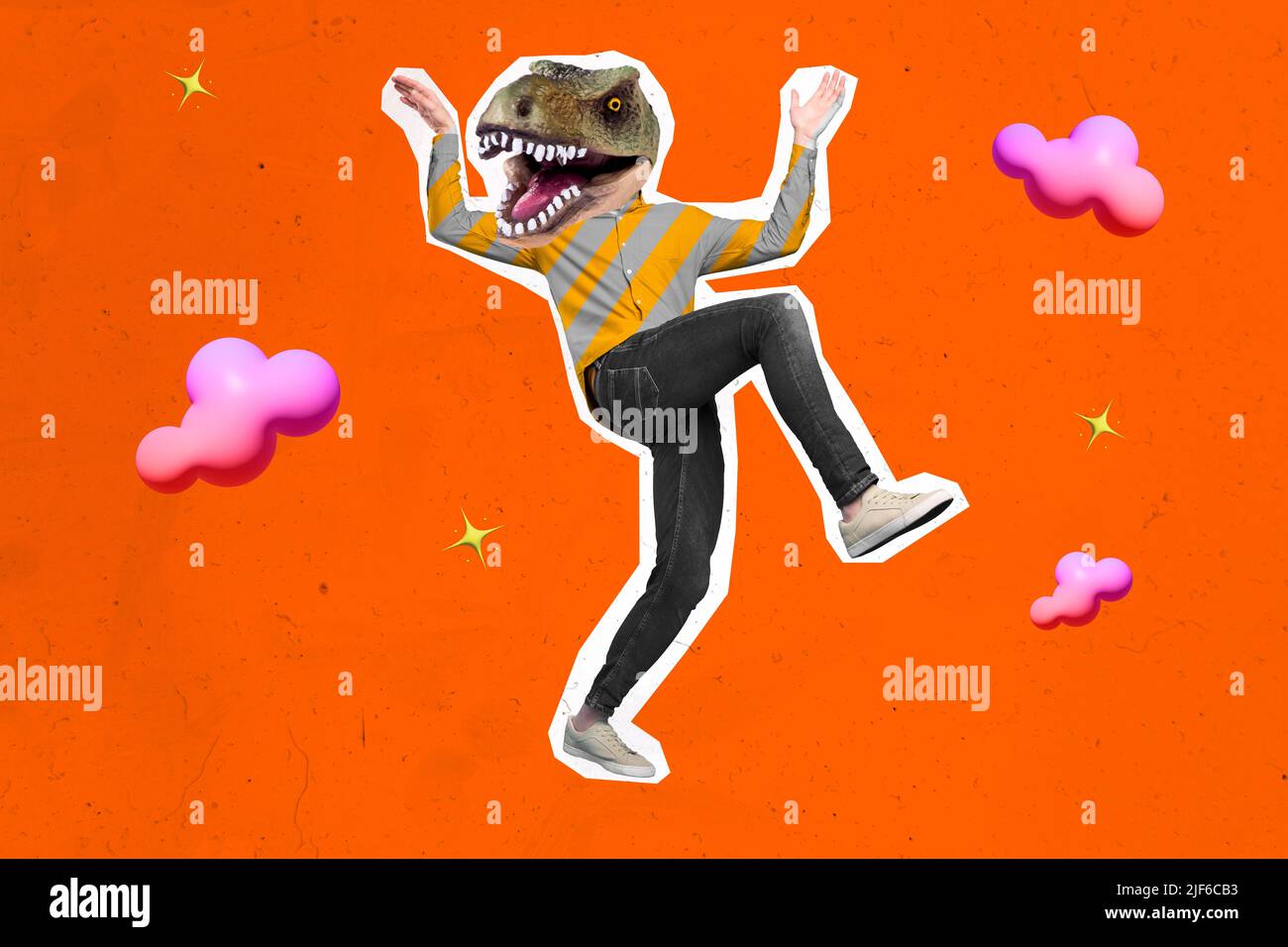 Composite collage picture of excited person dinosaur head walk drawing ...