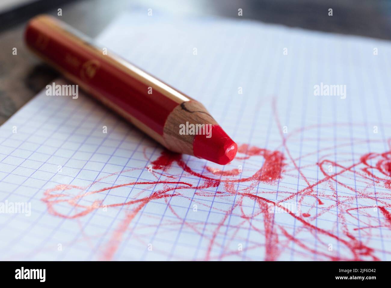 A close up portrait of a large thick red coloring pencil for small ...