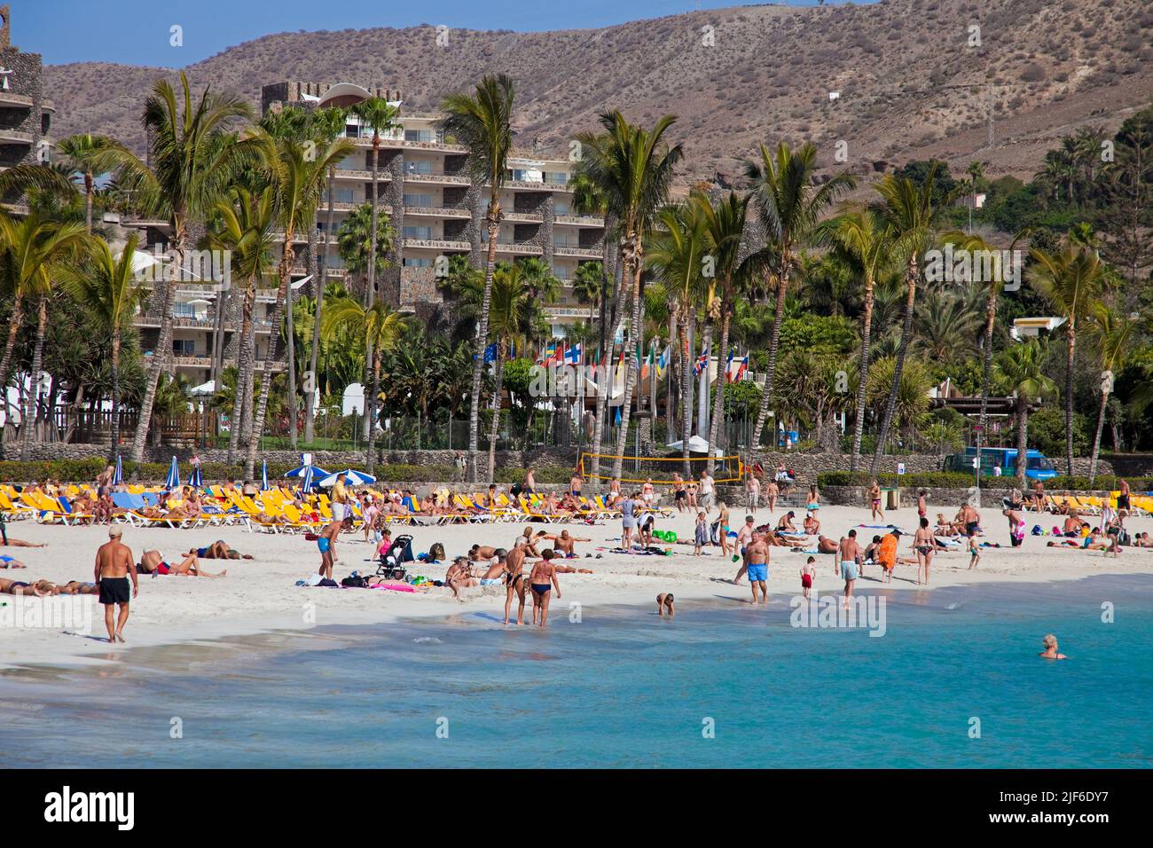 Beachlife, bathing beach at holiday resorts, Anfi del Mar, Arguineguin ...