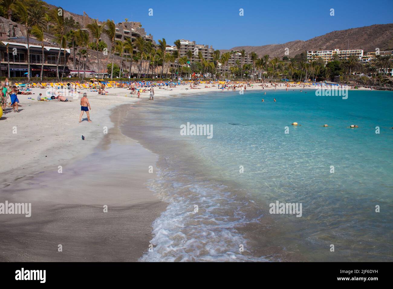 Beachlife, bathing beach at holiday resorts, Anfi del Mar, Arguineguin ...