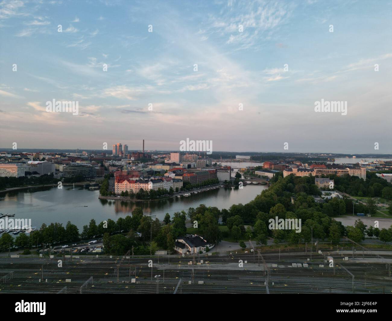 A bird's eye view of the cityscape of Helsinki with bridge above a ...