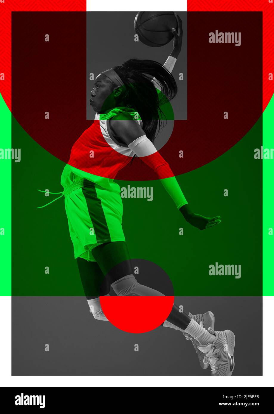 Female basketball player during slam dunk on abstract colored ...