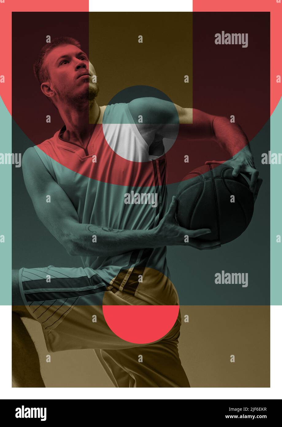 Young basketball player during slam dunk on abstract colored background ...