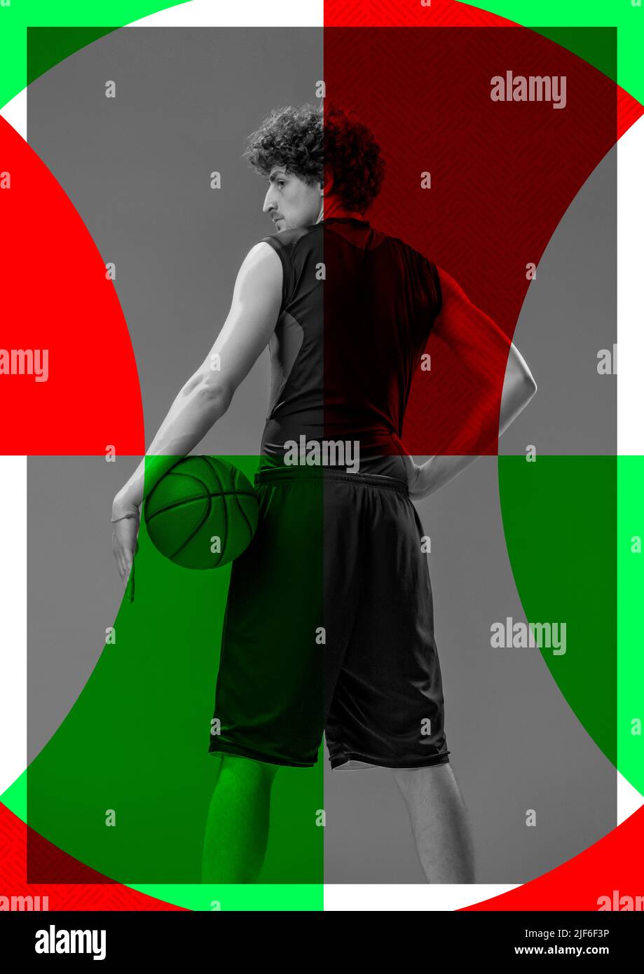 Contemporary art collage with professional basketball player posing ...