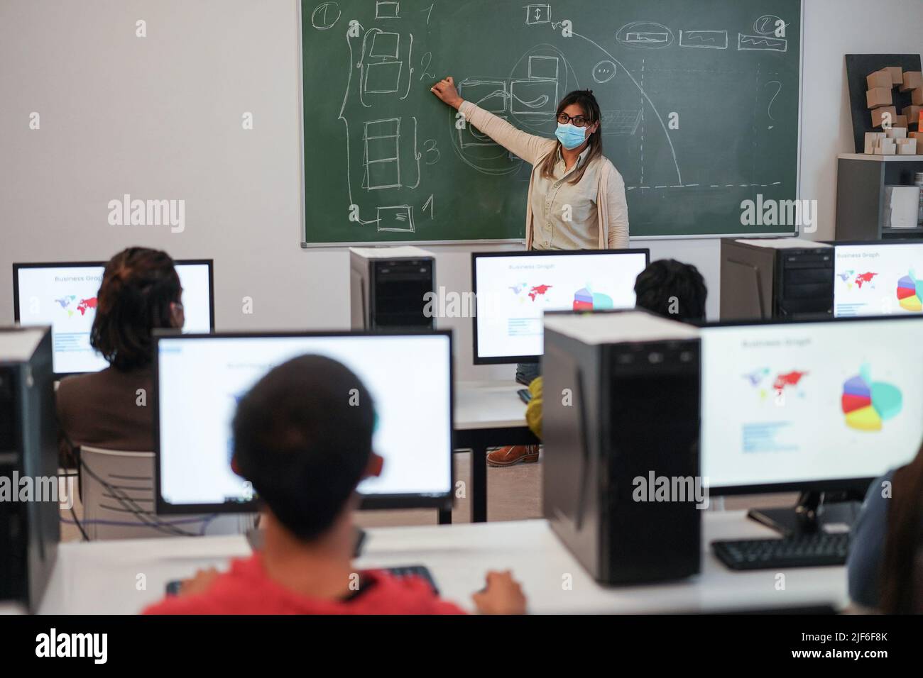 Multiracial students using computers during business class wearing ...