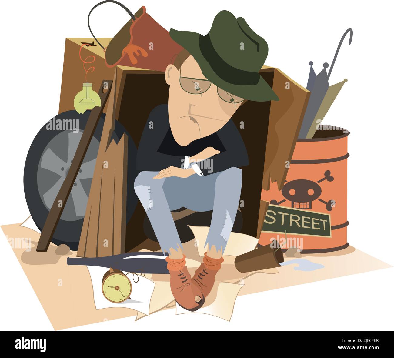 Sad man homeless isolated illustration. Hungry and chilled man sits in ...