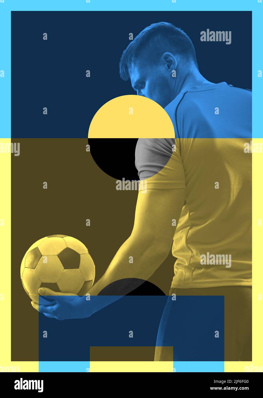 Creative collage with male soccer, football player with ball over ...