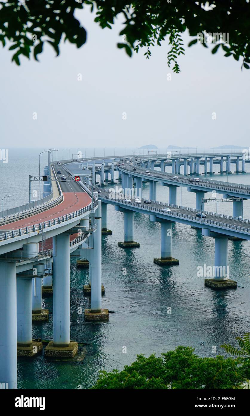 A vertical shot of Dalian Xinghai Bay Bridge. Dalian, China Stock Photo ...
