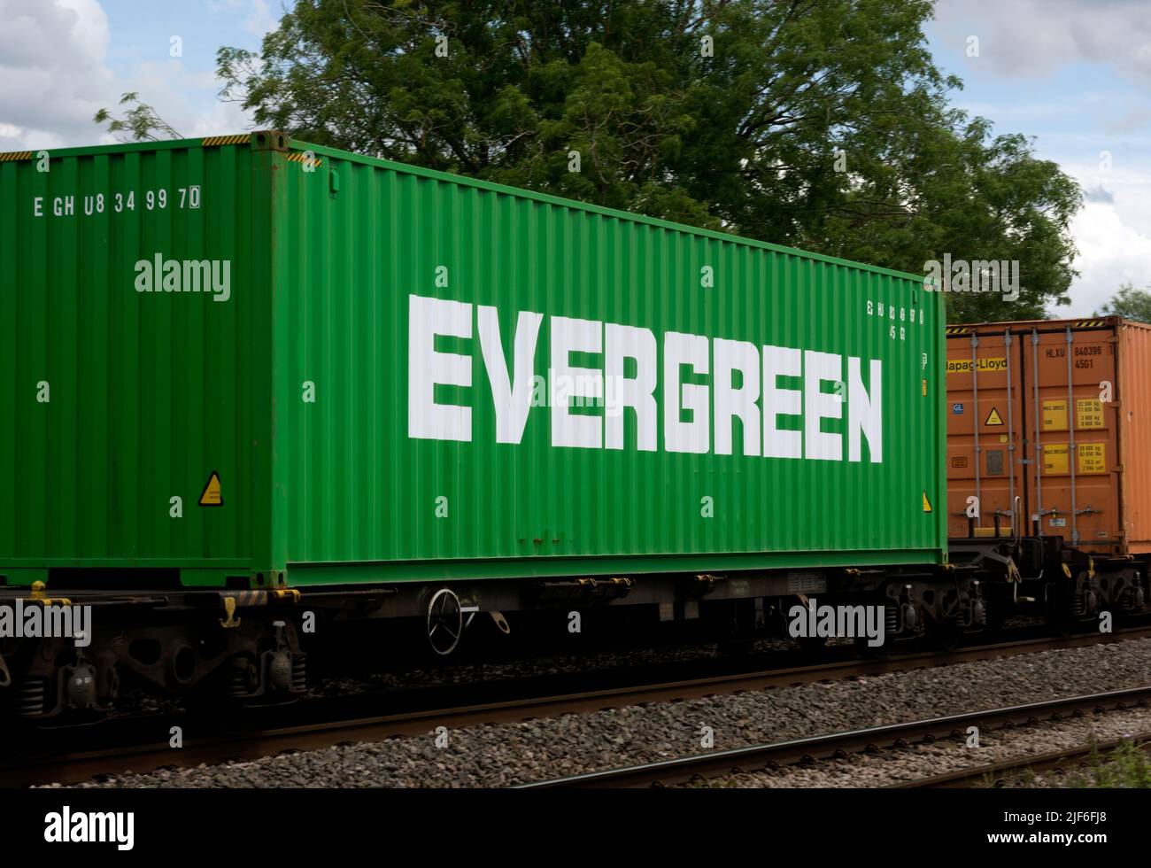 An Evergreen shipping container on a freightliner train, Warwickshire ...