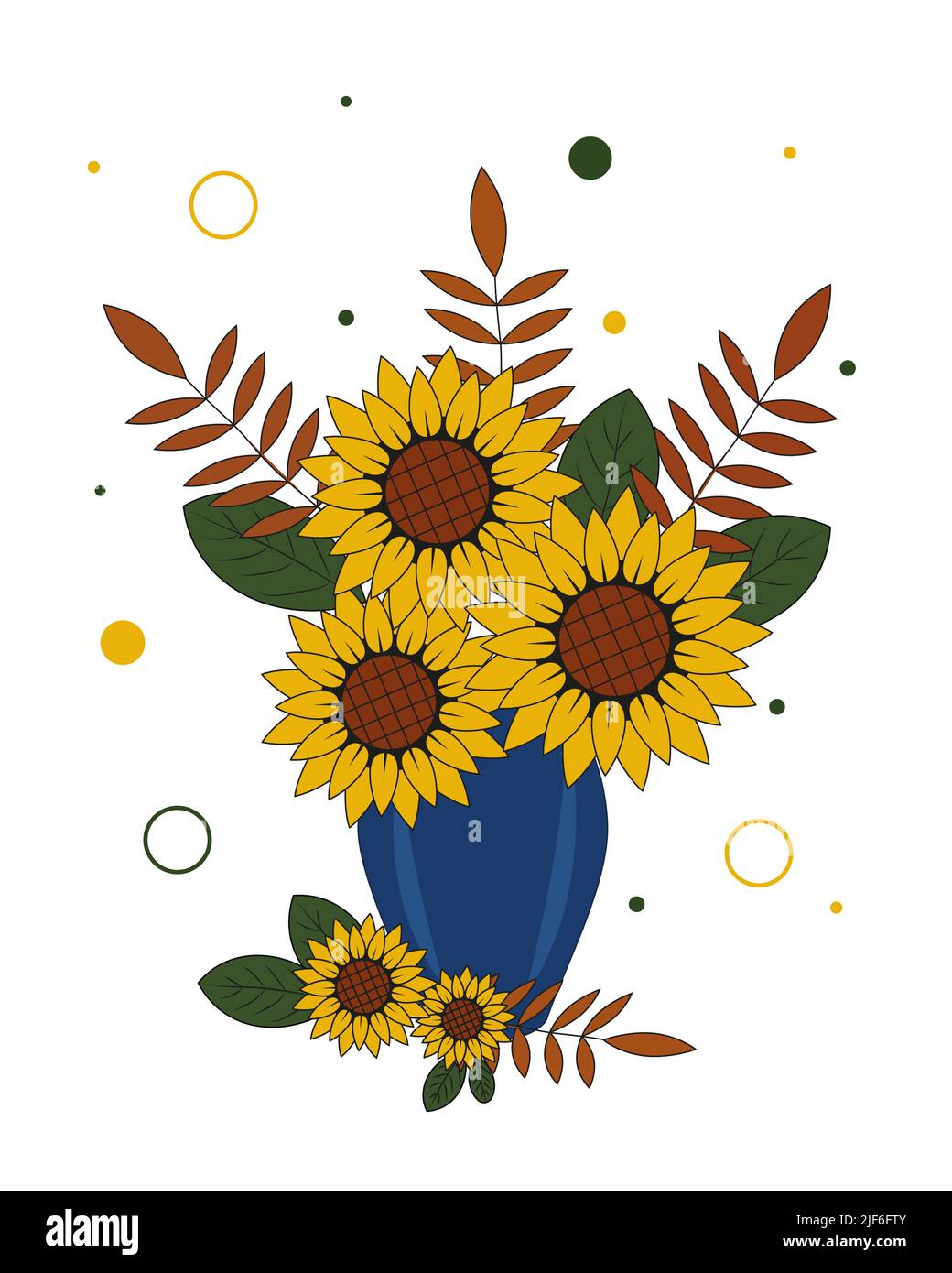 Bouquet of sunflowers and leaves in a flower vase. Vector illustration ...