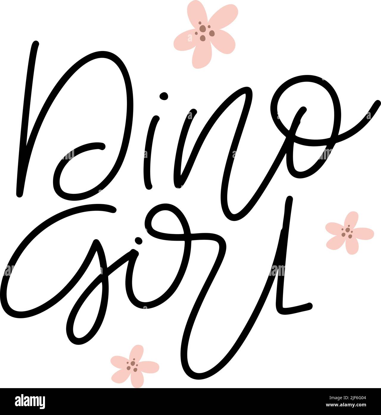 Vector hand drawn monoline text Dino Girl with flowers. Scandinavian ...