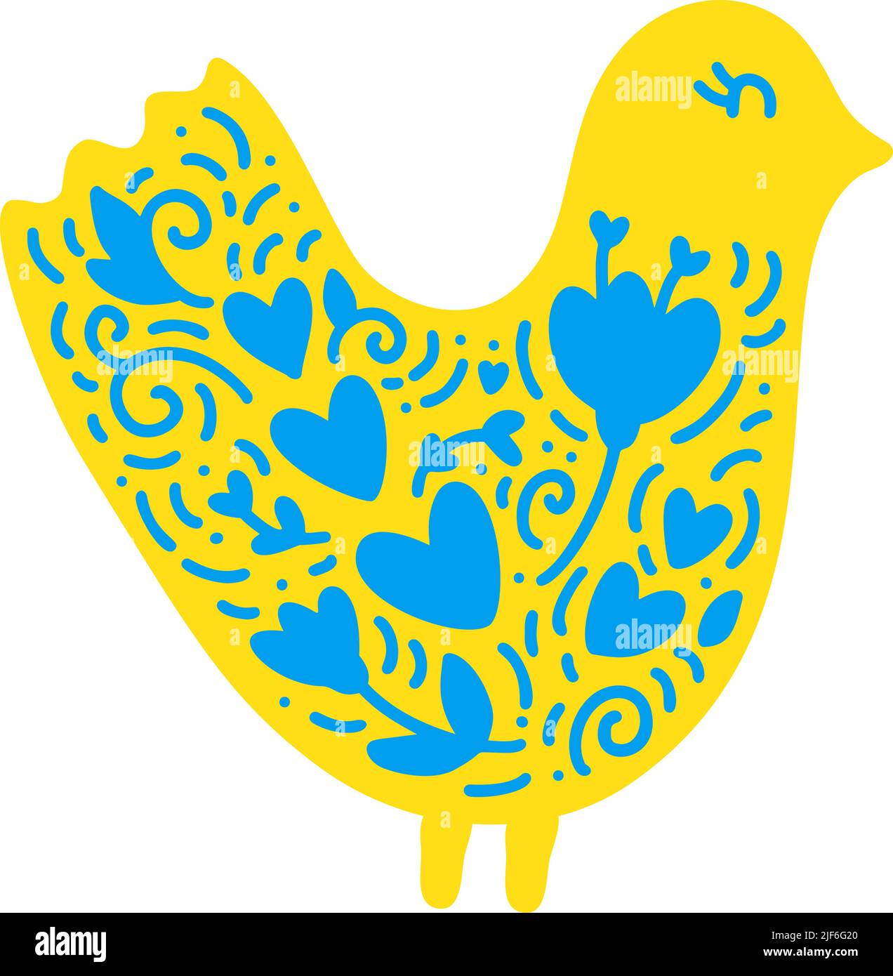 Cute vector yellow Bird with blue flowers and heart. folk hand drawing ...