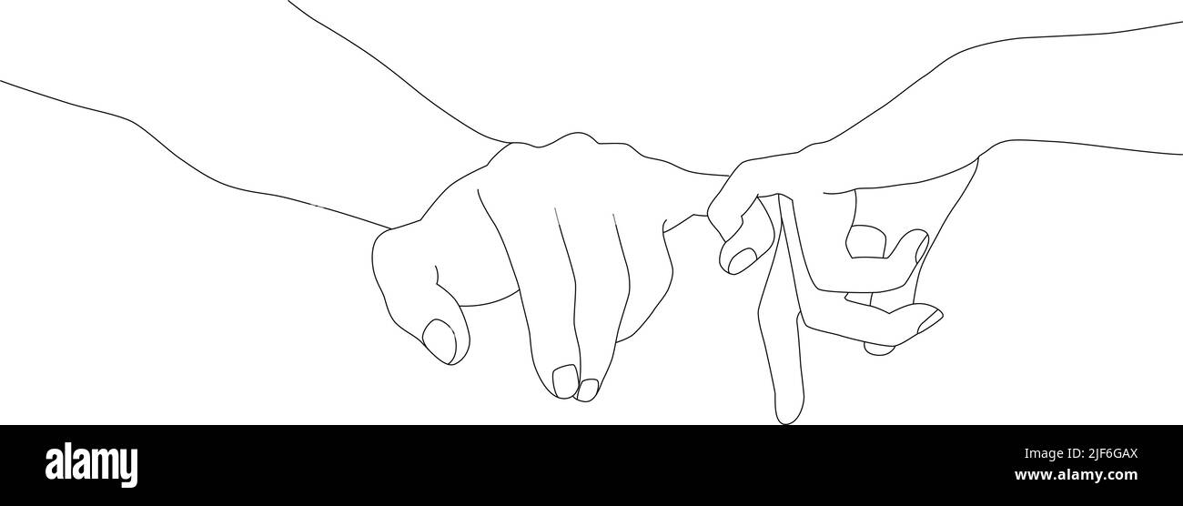 Holding hands. Palms in one line. Hand in hand. A thin drawing line ...