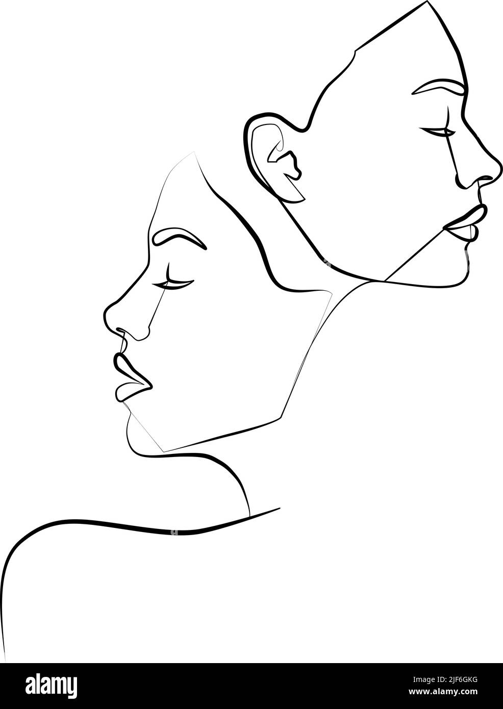 One line. Two faces in one line. Couple print, kiss print. Portrait ...