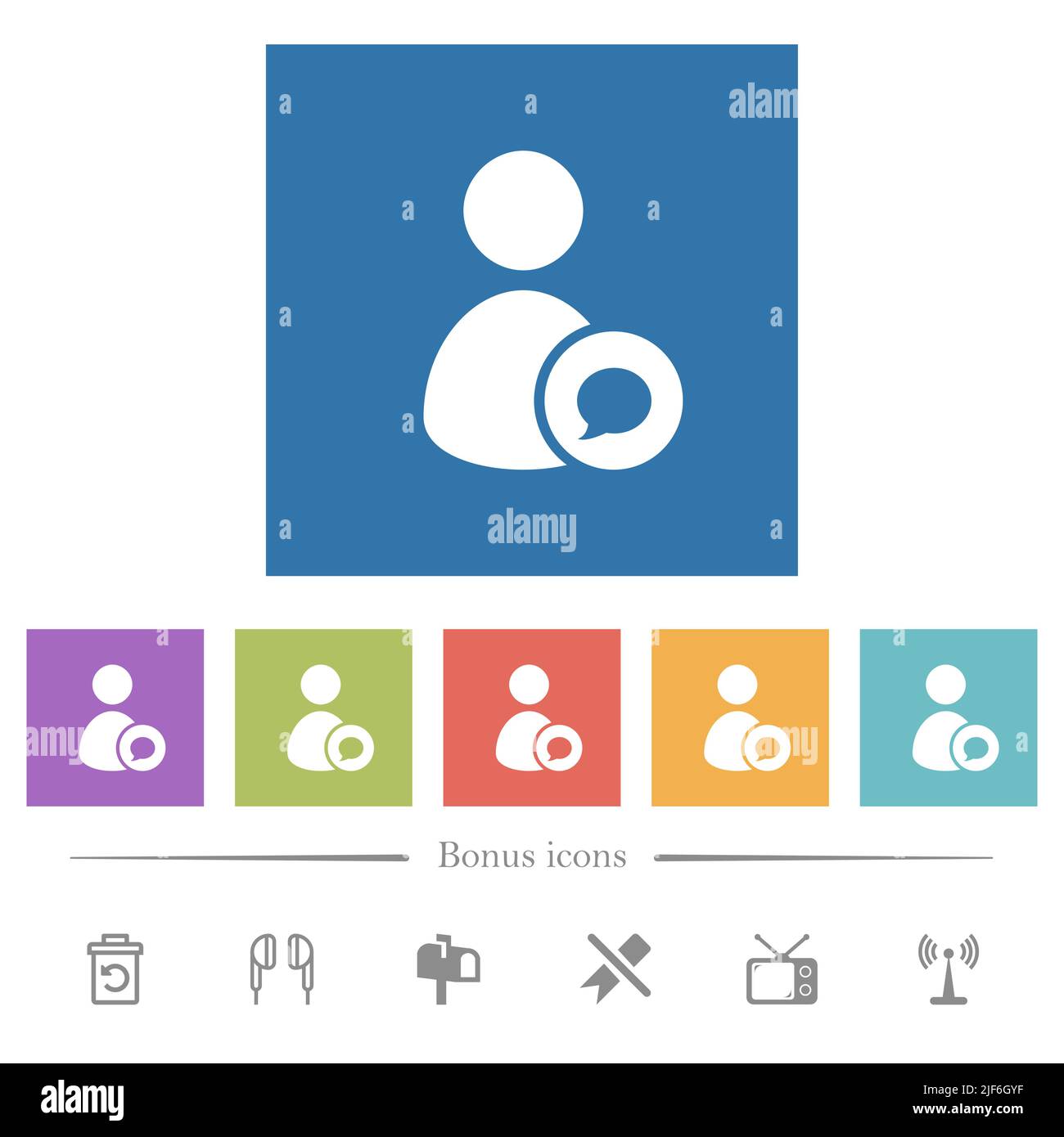 User comment flat white icons in square backgrounds. 6 bonus icons ...