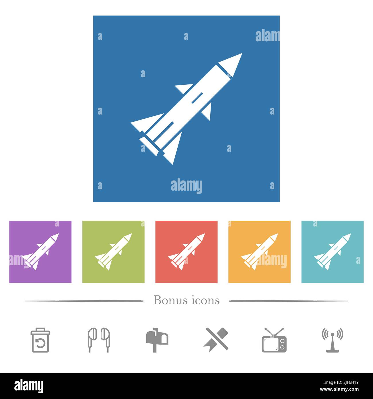 Ballistic missile flat white icons in square backgrounds. 6 bonus icons ...