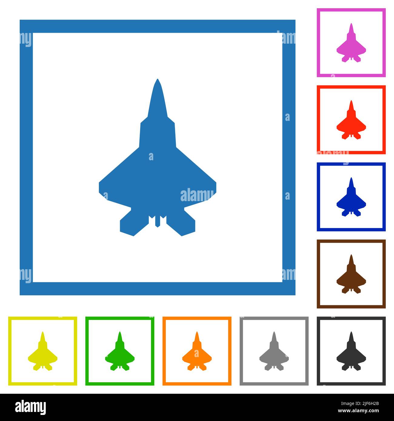 Jet fighter silhouette flat color icons in square frames on white ...