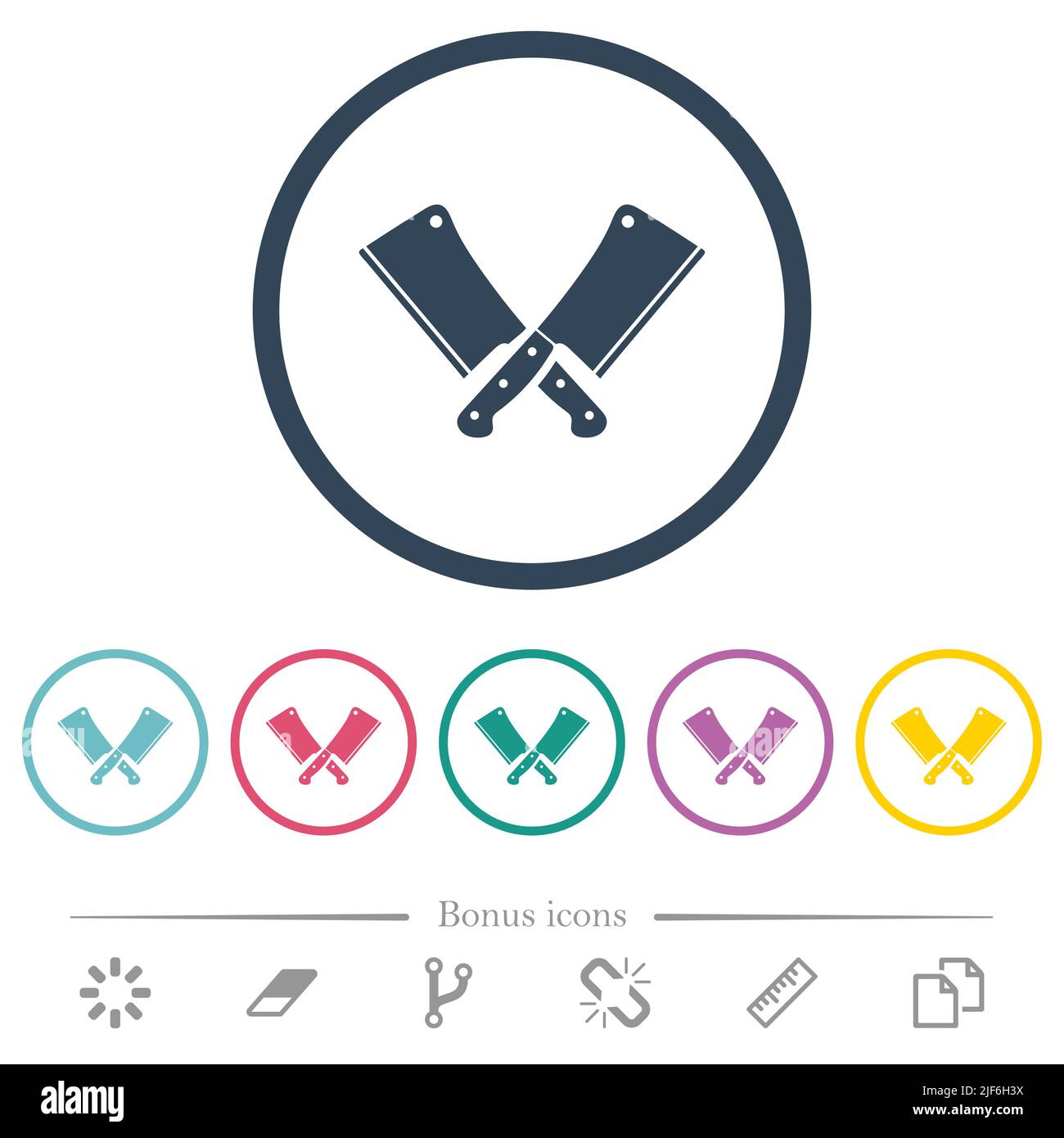 Two crossed meat cleavers flat color icons in round outlines. 6 bonus ...