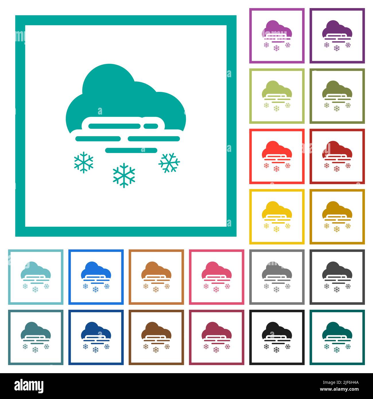 Misty and snowy weather flat color icons with quadrant frames on white ...