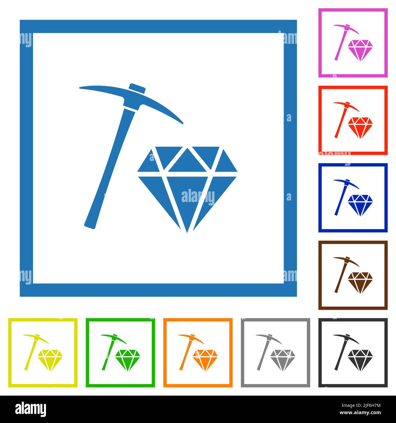 Diamond mining flat color icons in square frames on white background ...