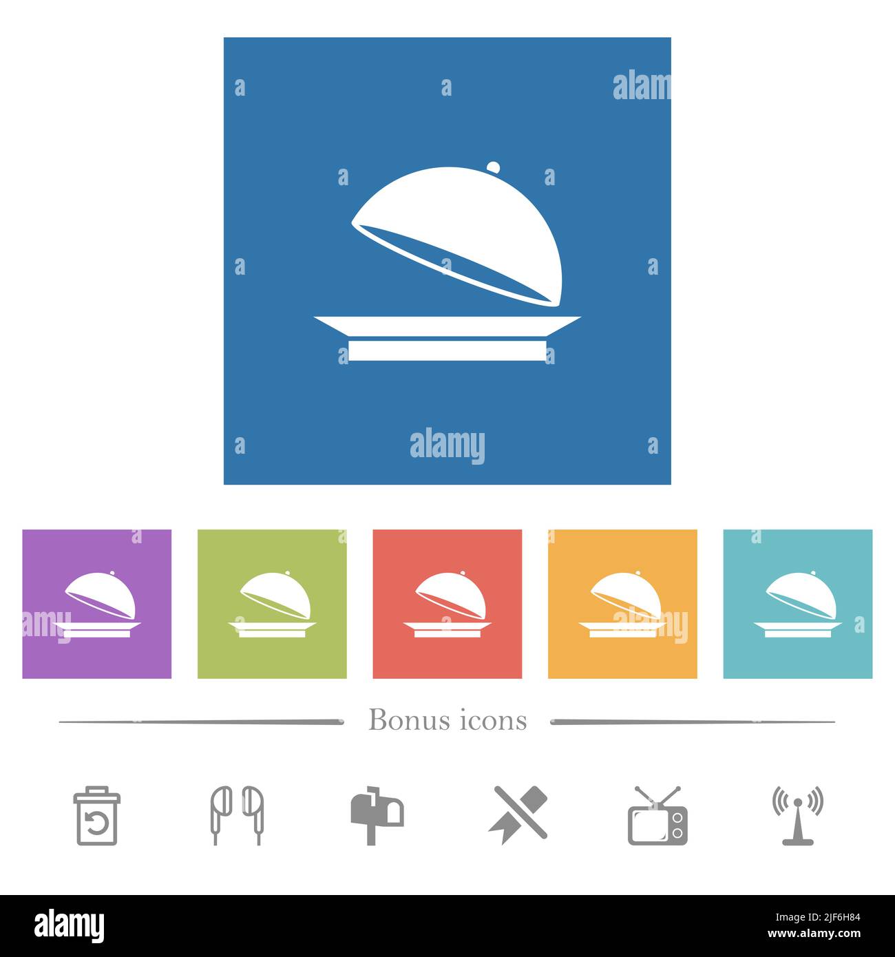 Open food tray flat white icons in square backgrounds. 6 bonus icons ...