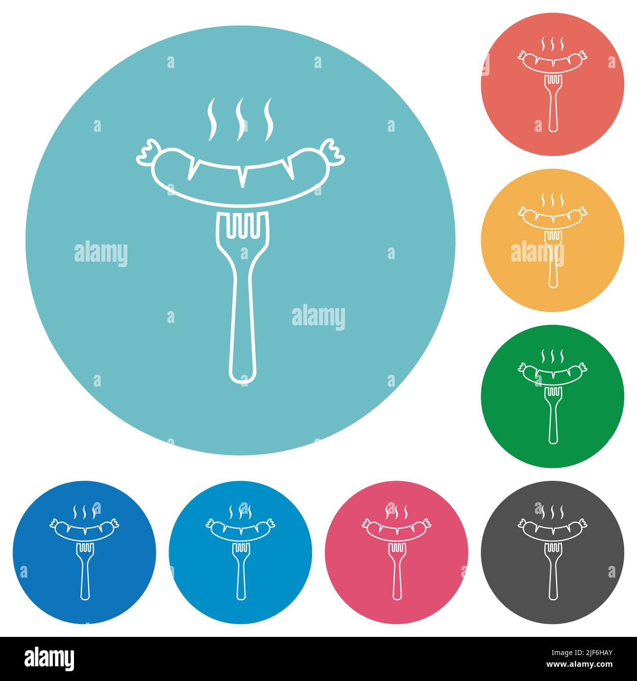 Grilled sausage on fork outline flat white icons on round color backgrounds Stock Vector Image ...